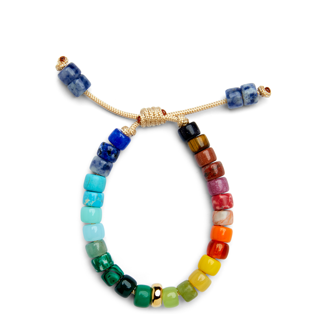 Rainbow Gemstone Beaded Bracelet with 14K Yellow Gold | Caroline Crow ...